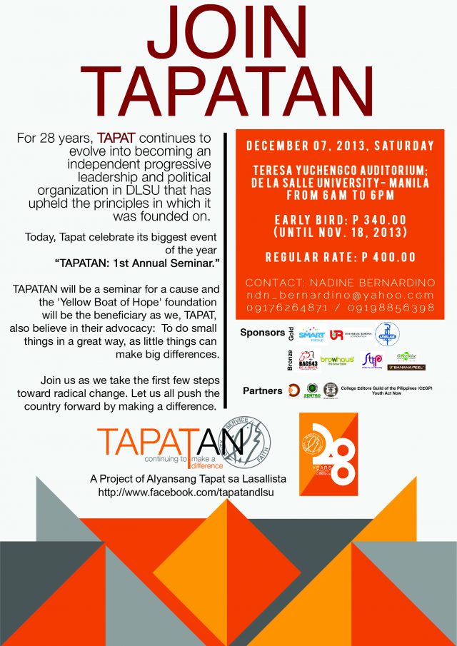 TAPATAN : "Making a Difference" by AlyansangTapatsaLasallista (TAPAT ...